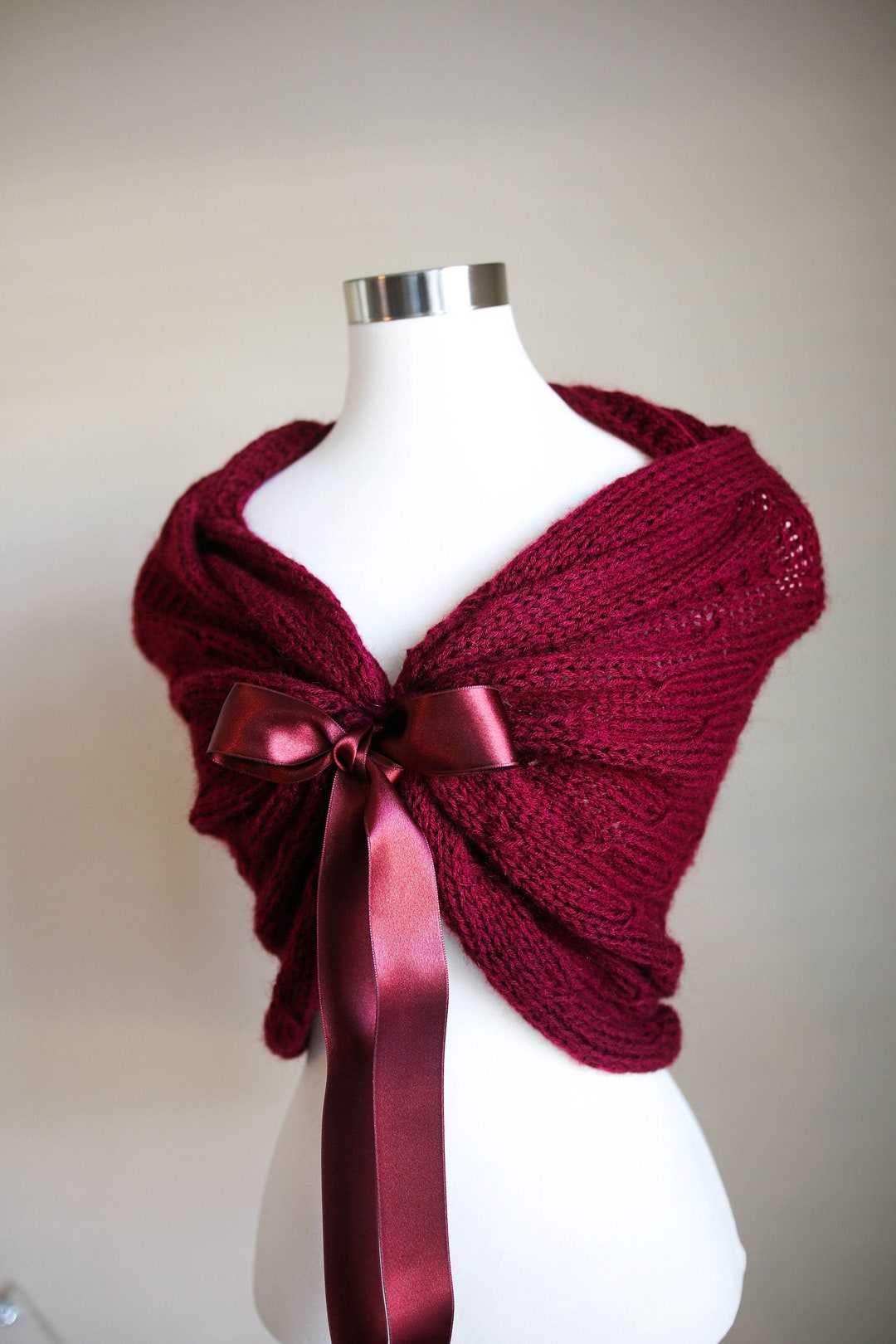 Hand Knit Bridal Shawl: Burgundy Wedding Wrap With Ribbon - Etsy