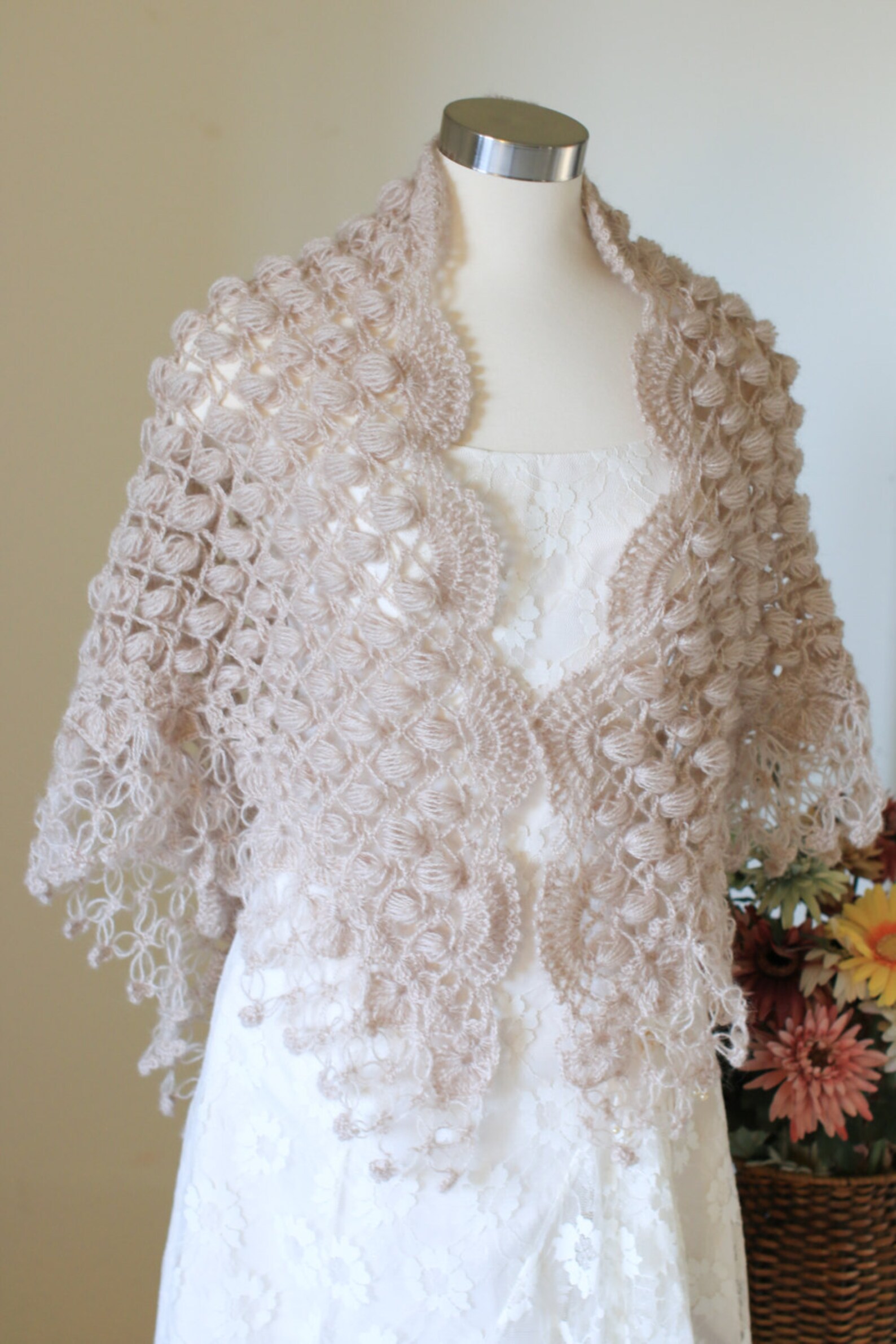 Beige Crochet Wedding Shawl: Bridal Cape, Rustic Lace Wrap - Etsy