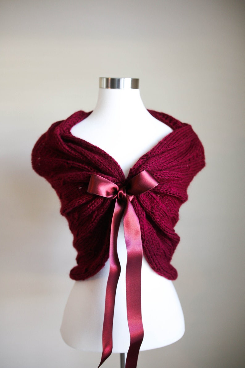 Hand Knit Bridal Shawl: Burgundy Wedding Wrap With Ribbon - Etsy