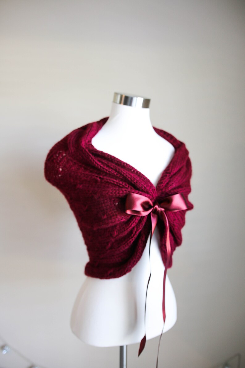 Hand Knit Bridal Shawl: Burgundy Wedding Wrap With Ribbon - Etsy