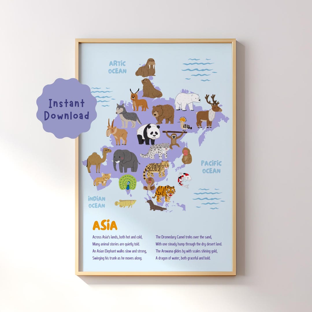 Asia Animal Map Poster for Kids: Educational Nursery Wall Art (instant ...