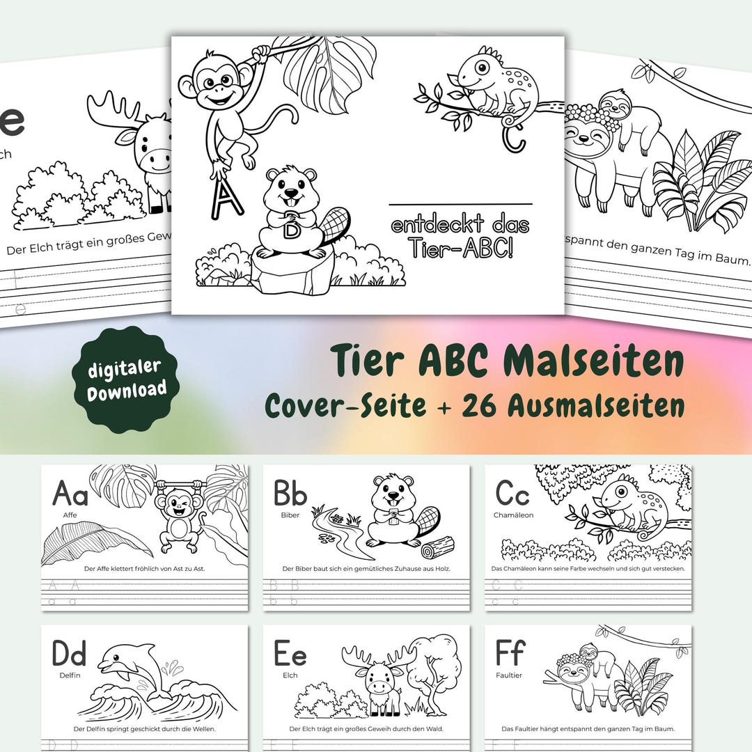 Animal Alphabet Coloring Pages: German ABC Printable for Kids (digital ...