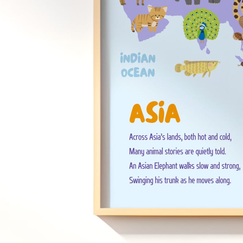 Asia Animal Map Poster for Kids: Educational Nursery Wall Art (instant ...