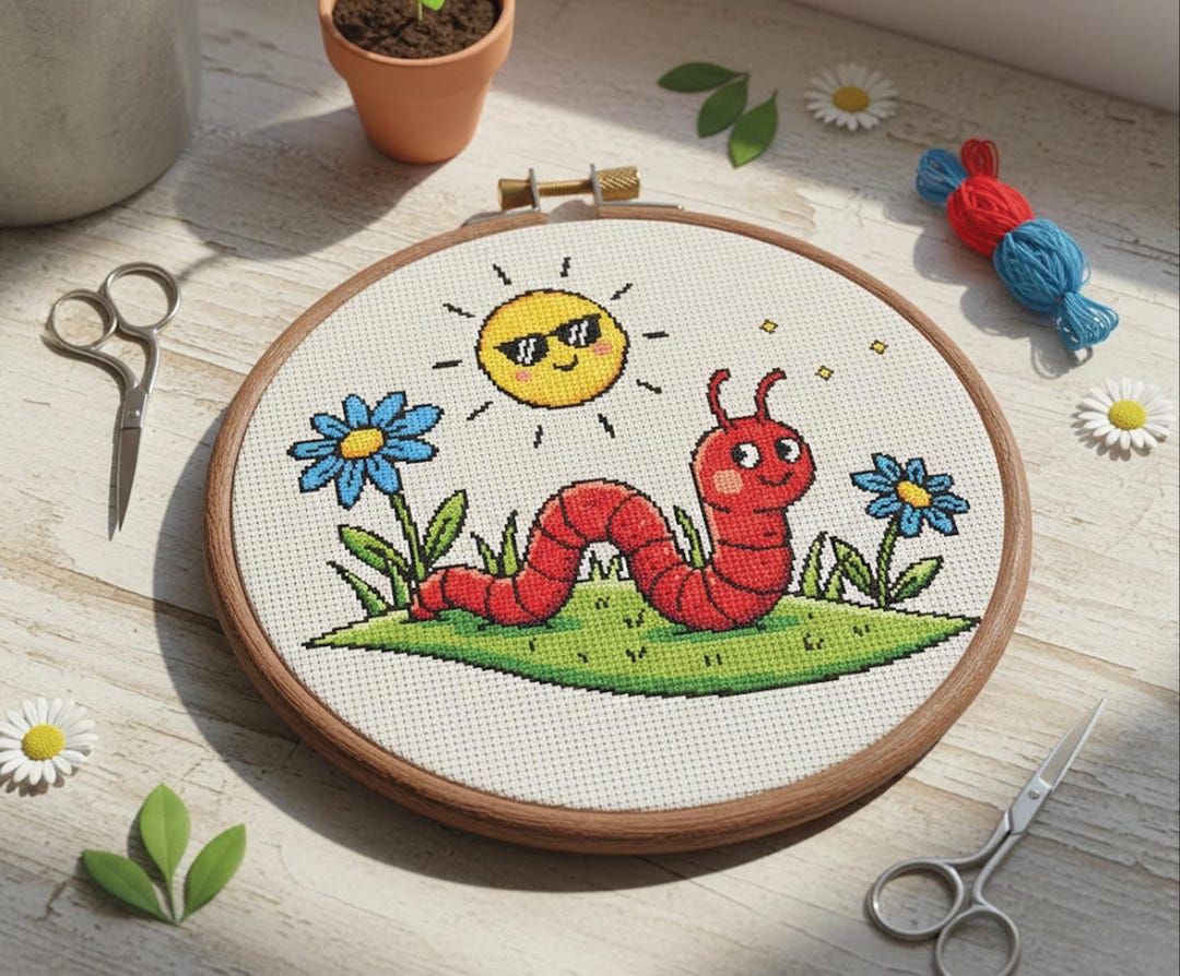 Sunny Worm Cross Stitch Pattern PDF – Cute Worm Under the Sun, Easy ...