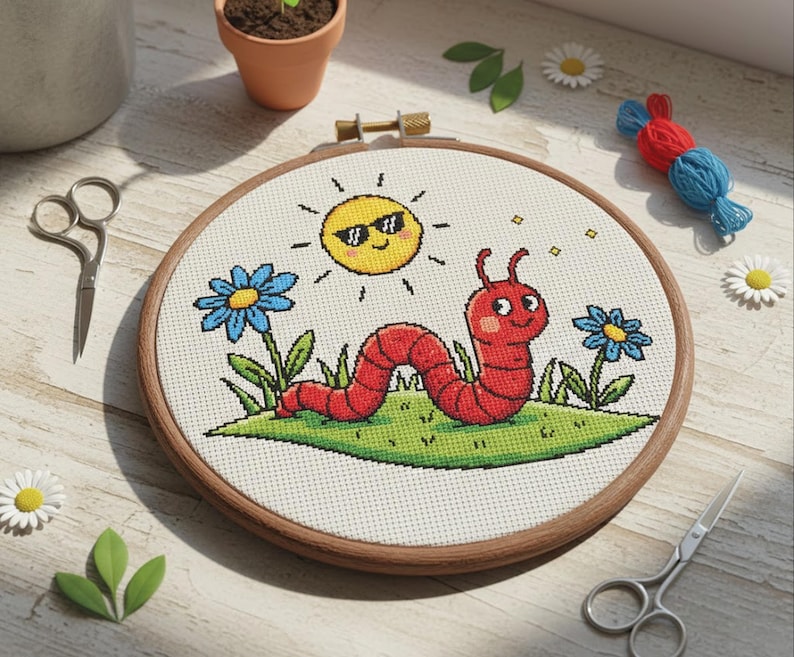 Sunny Worm Cross Stitch Pattern PDF – Cute Worm Under the Sun, Easy ...