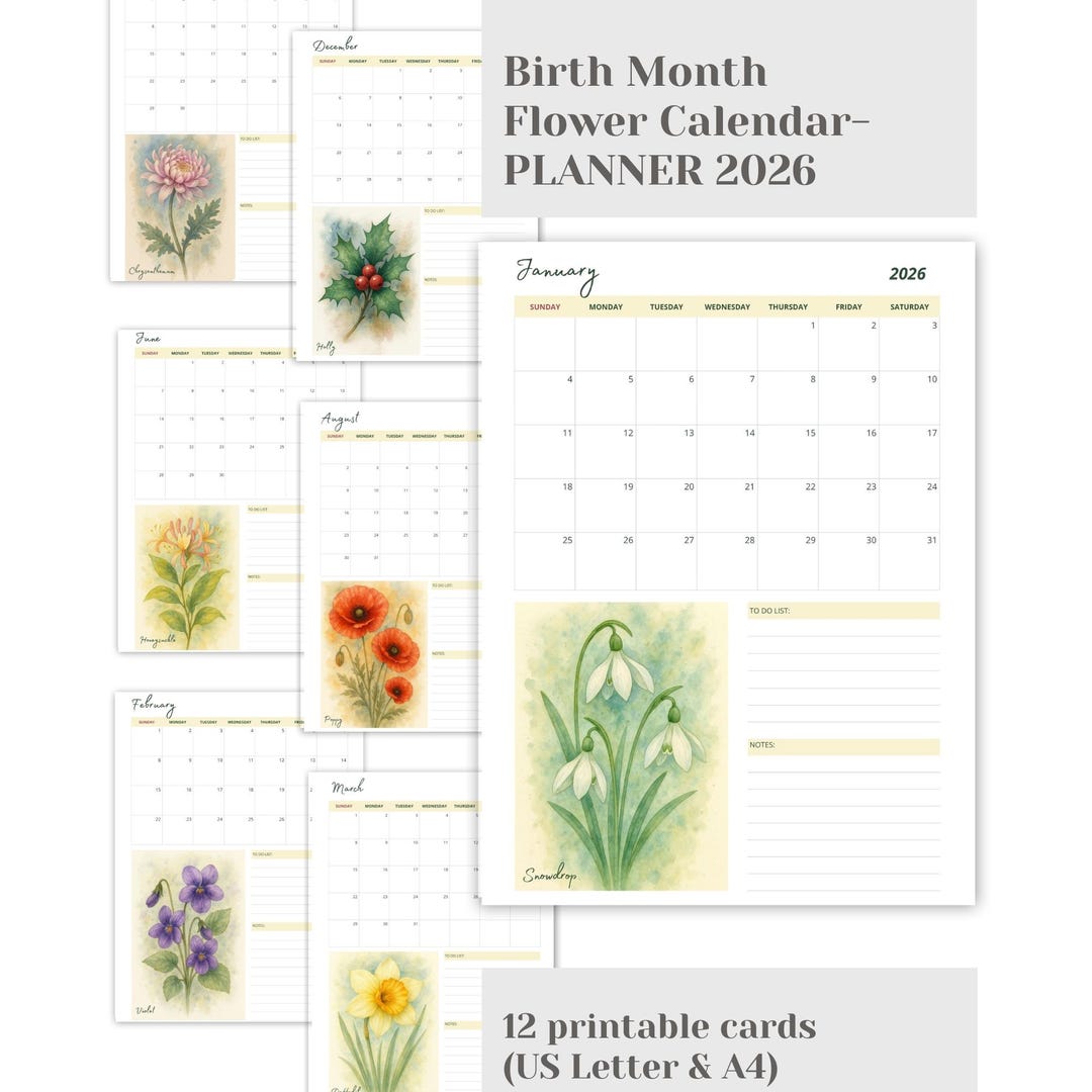 2026 Birth Month Flower Printable Calendar Planner | U.S. Letter - A4 ...