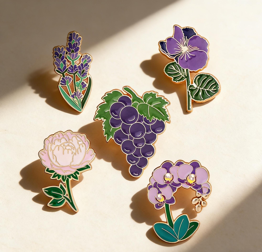 Floral Enamel Pin Set, Botanical Flower Brooch, Lavender Orchid Grape ...