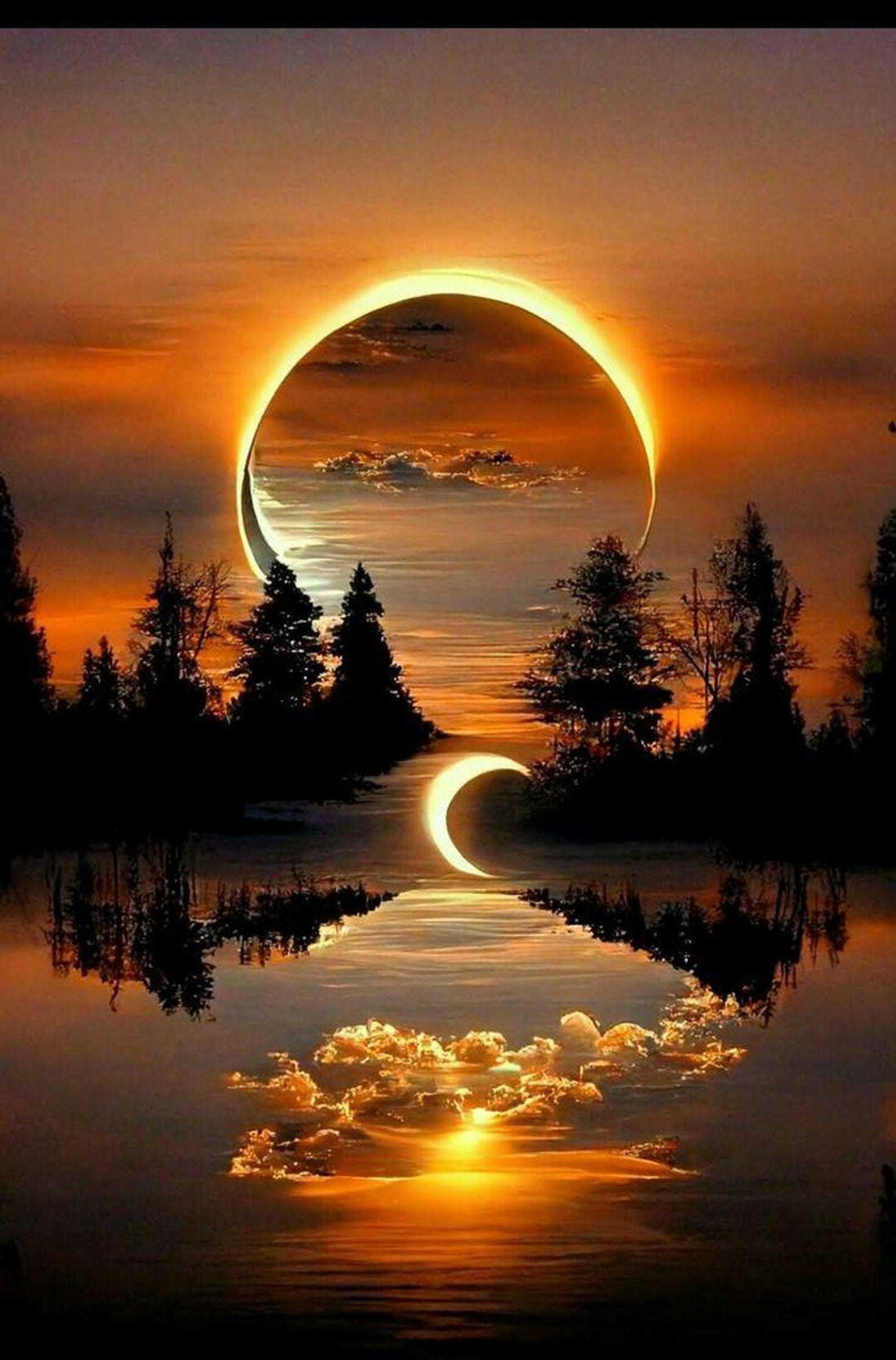 Solar Eclipse Sunset Art Print | Surreal Lake Reflection (digital ...