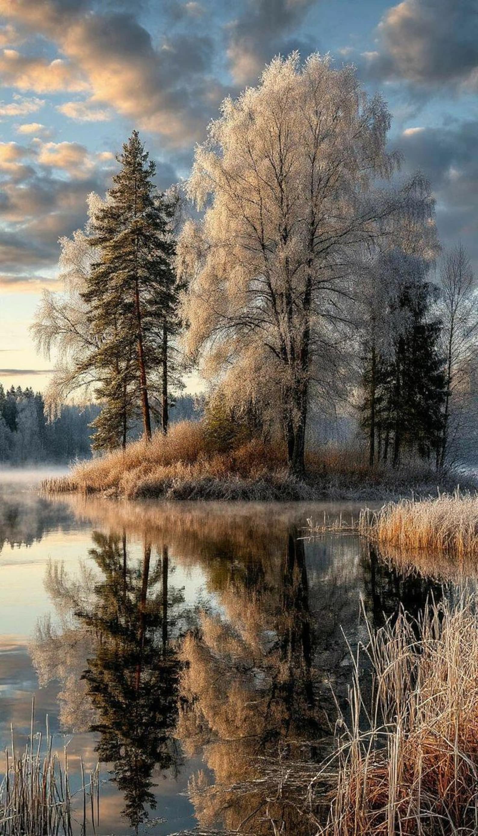 Frosty Lake Landscape – Winter Trees Reflection Digital Wall Art ...