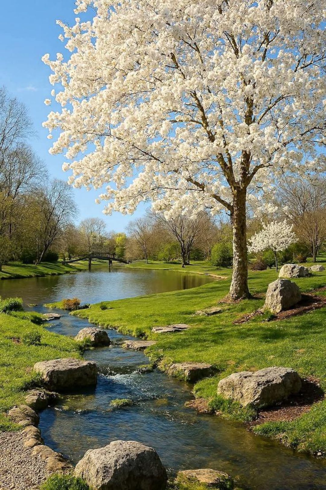 Spring Blossom Park Landscape Wall Art – Peaceful Cherry Tree & Creek ...