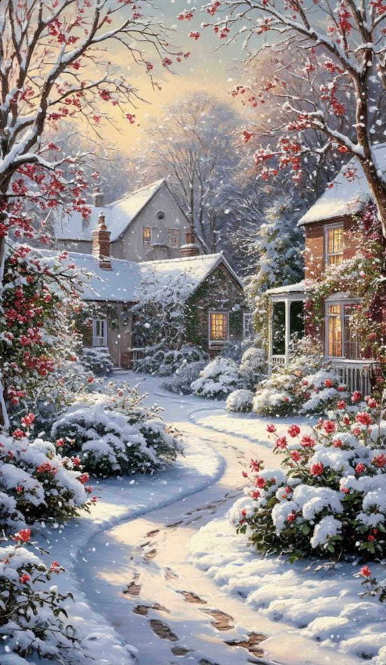 Cozy Winter Cottage Scene Wall Art – Snowy Village Landscape Print ...