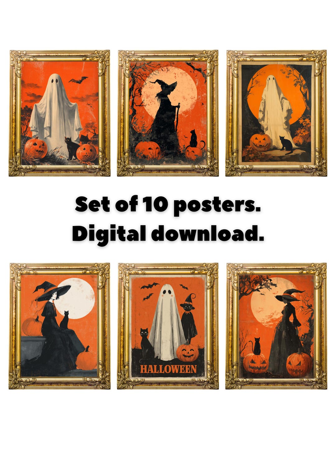 Vintage Halloween Poster Set | Retro Witch, Ghost, Pumpkin Art (digital ...