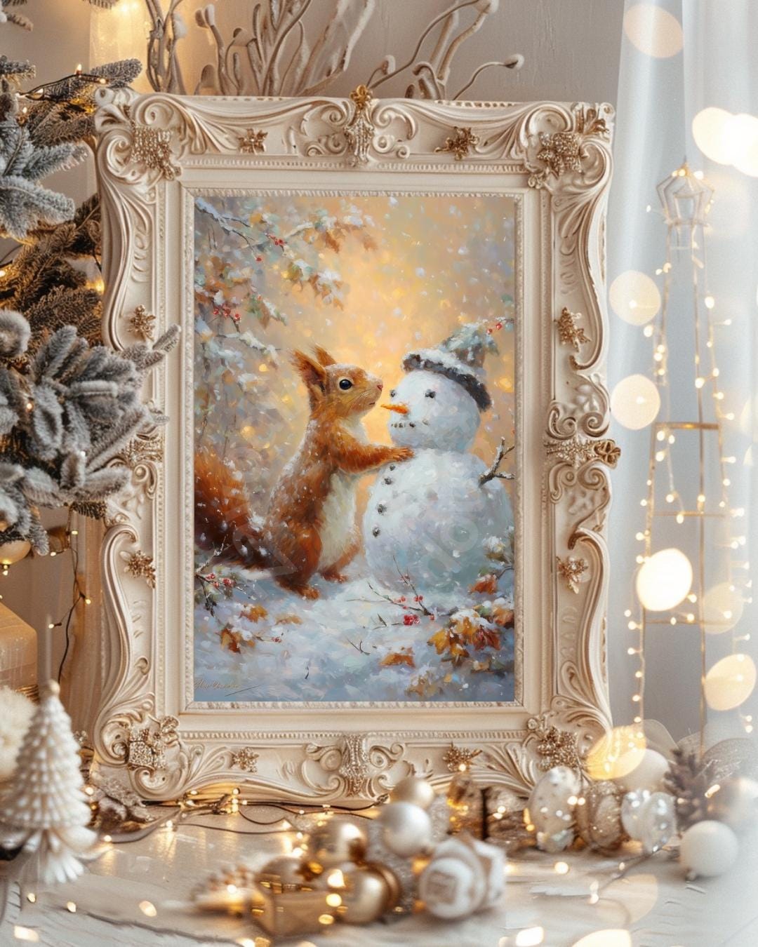 Squirrel and Snowman Art Print | Winter Woodland Christmas (digital ...