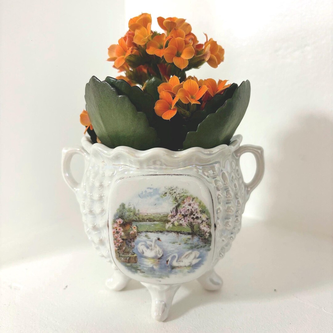 Vintage English Ceramic Footed Vase With Swan Scene – Cottagecore Charm ...