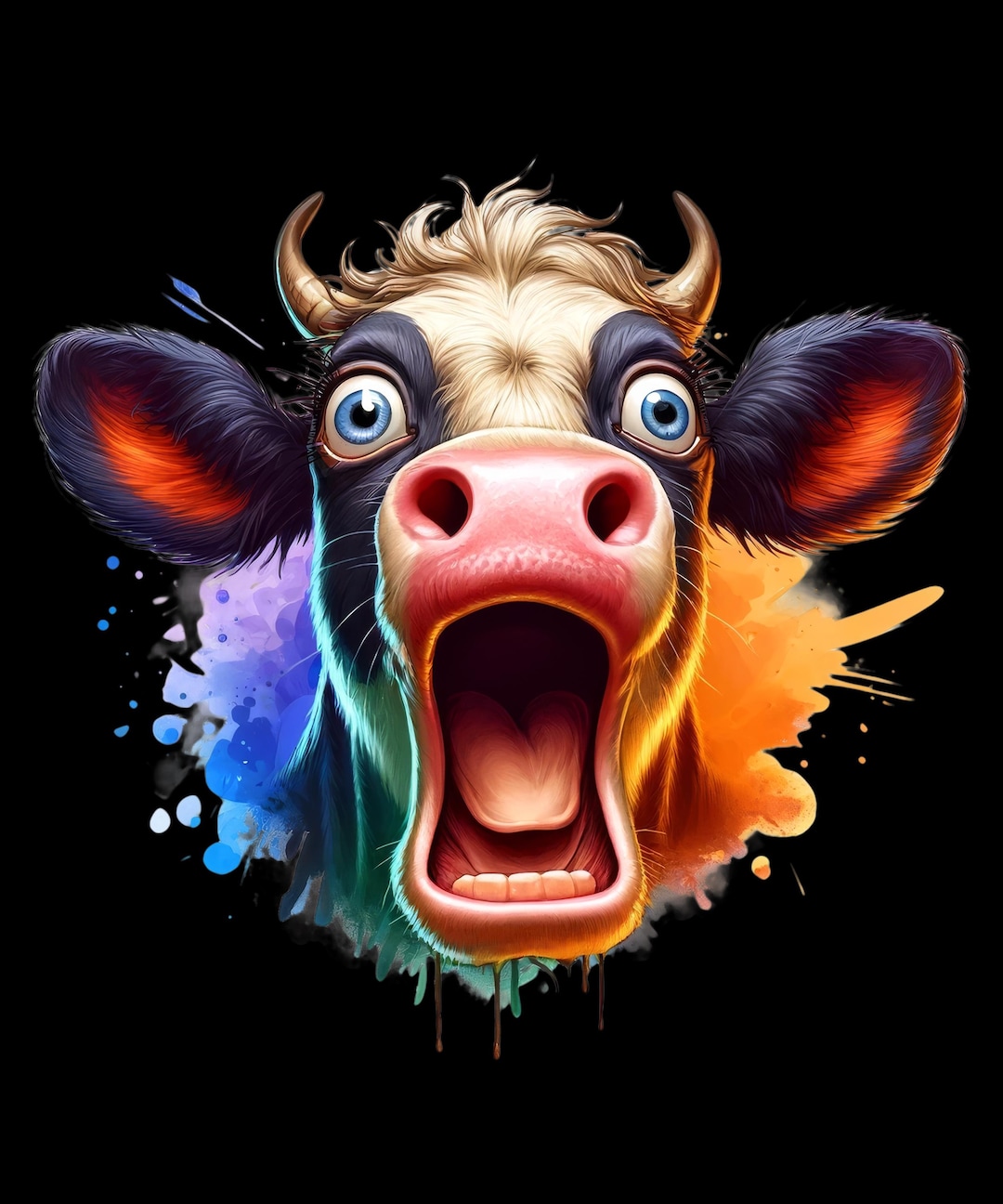 Funny Screaming Cow PNG | Color Splash Cartoon Cow Illustration | Humor ...