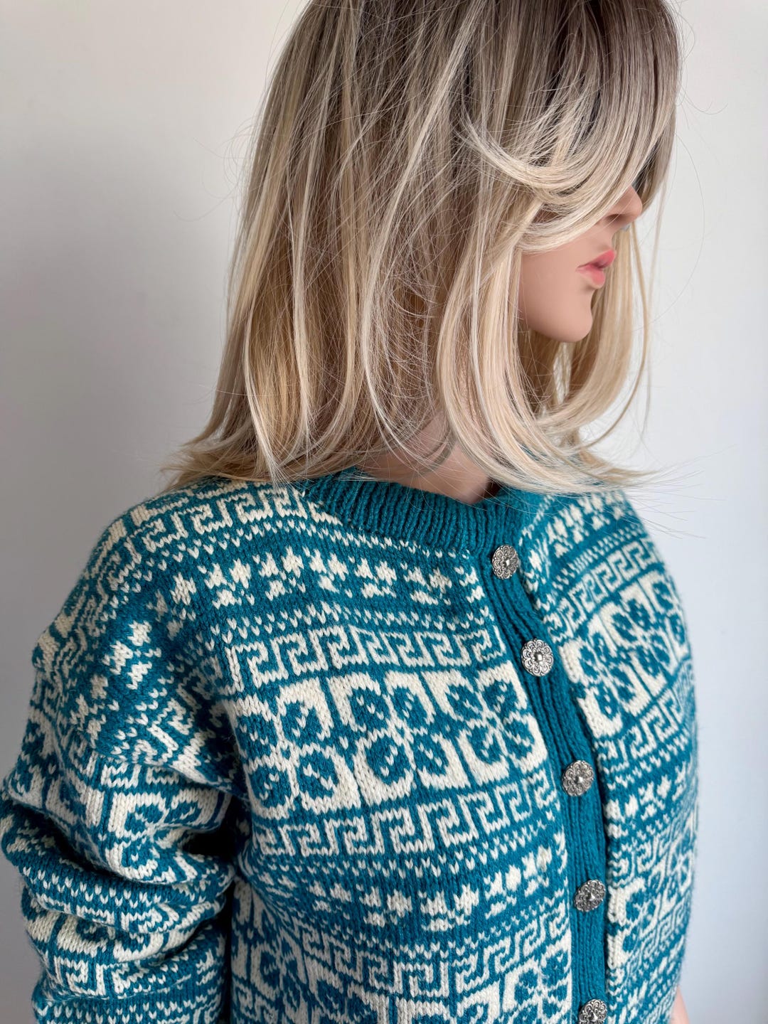 Handmade Wool Cardigan Vintage Style Nordic Fair Isle Knit Sweater Teal ...