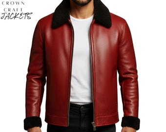 Men’s Red Christmas Leather Jacket, Santa Claus Inspired Shearling Coat ...
