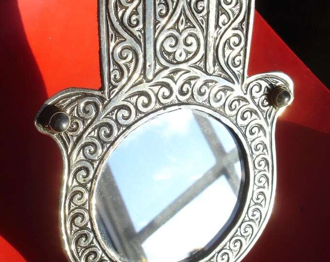 Moroccan Backed Engraved Hamsa Hand Pendant MIRROR With Grey/black ...