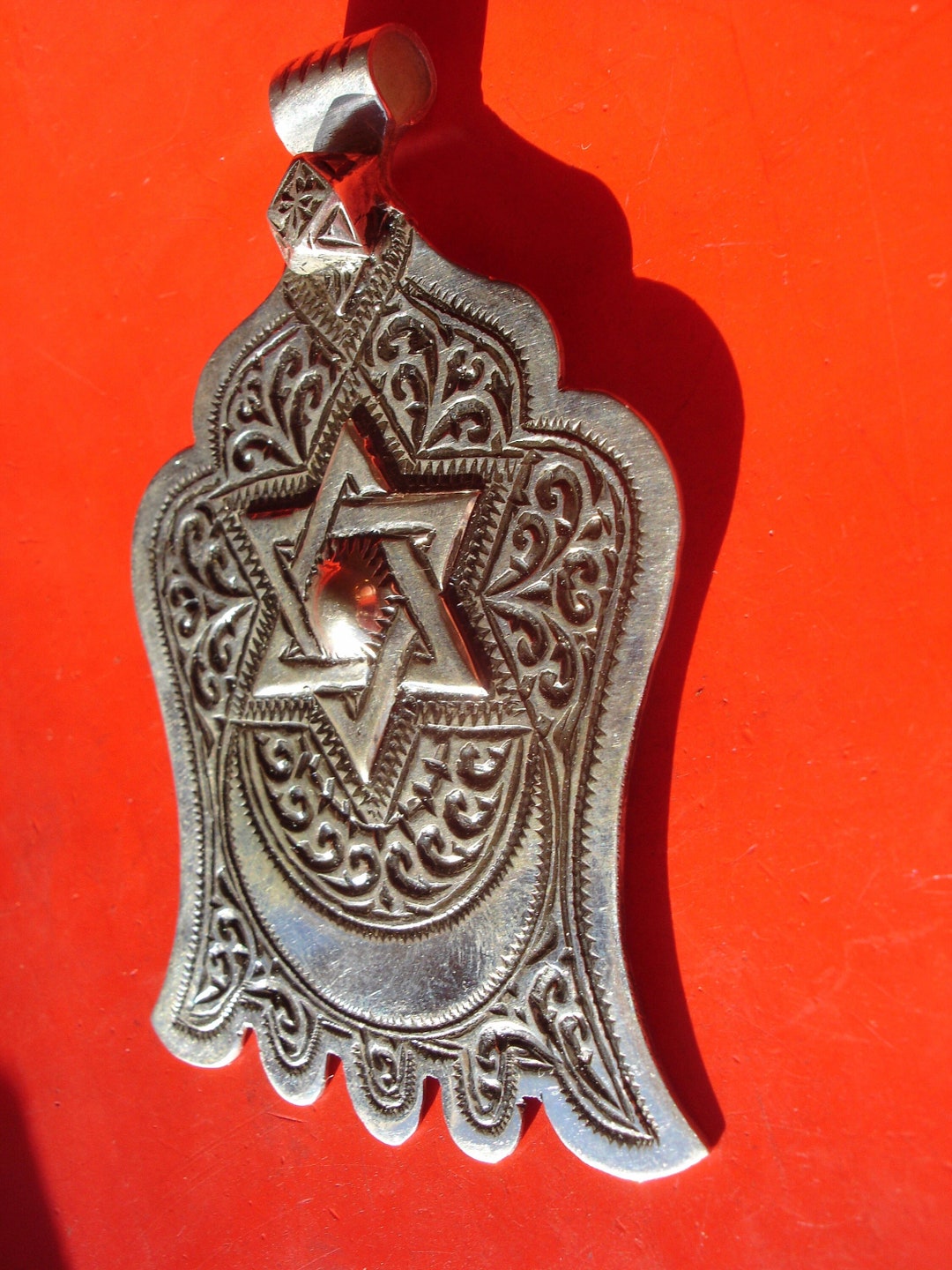 Moroccan SILVER Hand Engraved Hamsa Hand Pendant With Star of David and ...