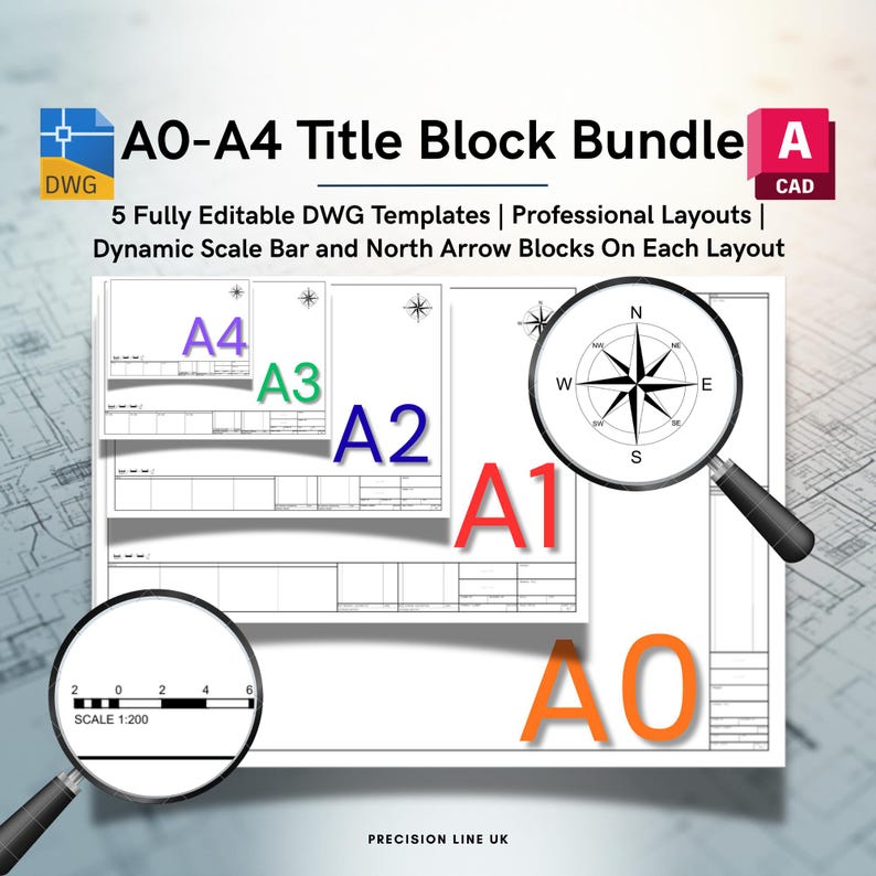 Autocad Title Block Bundle: A0-A4 ISO DWG With Dynamic North Arrow ...