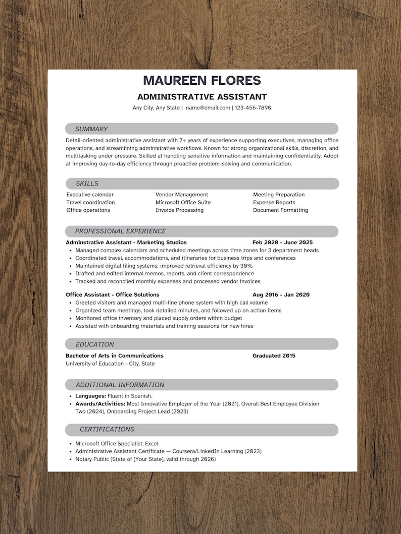Administrative Resume Template for Canva: Ats-friendly CV + Free ...