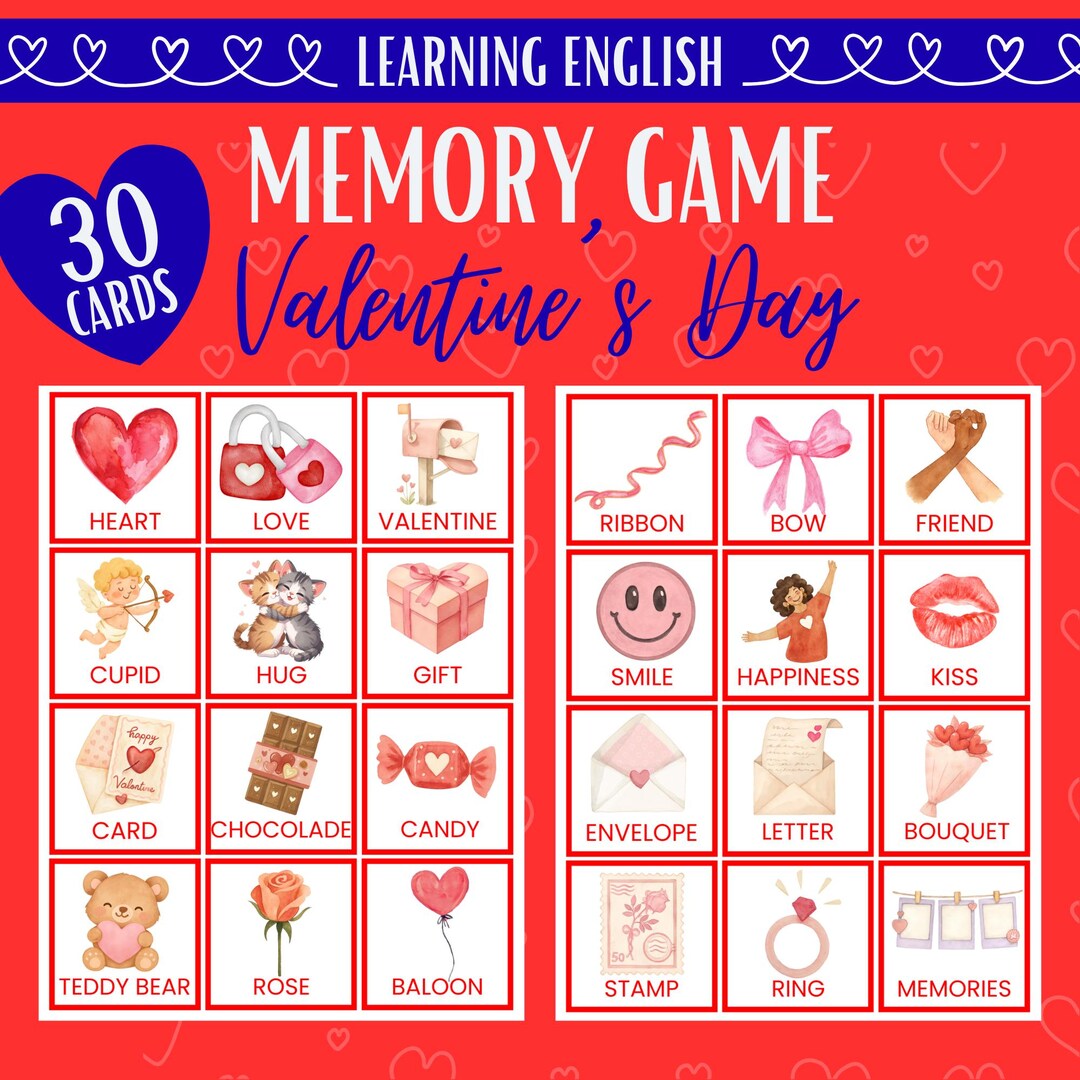 Valentine’s Day Vocabulary Cards for Kids, MEMO, Valentine Matching ...