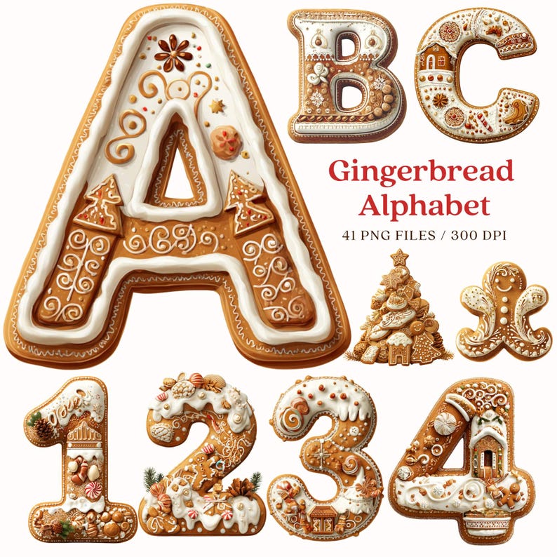 Gingerbread Alphabet & Numbers Clipart | Christmas Cookie Font (41 PNG ...