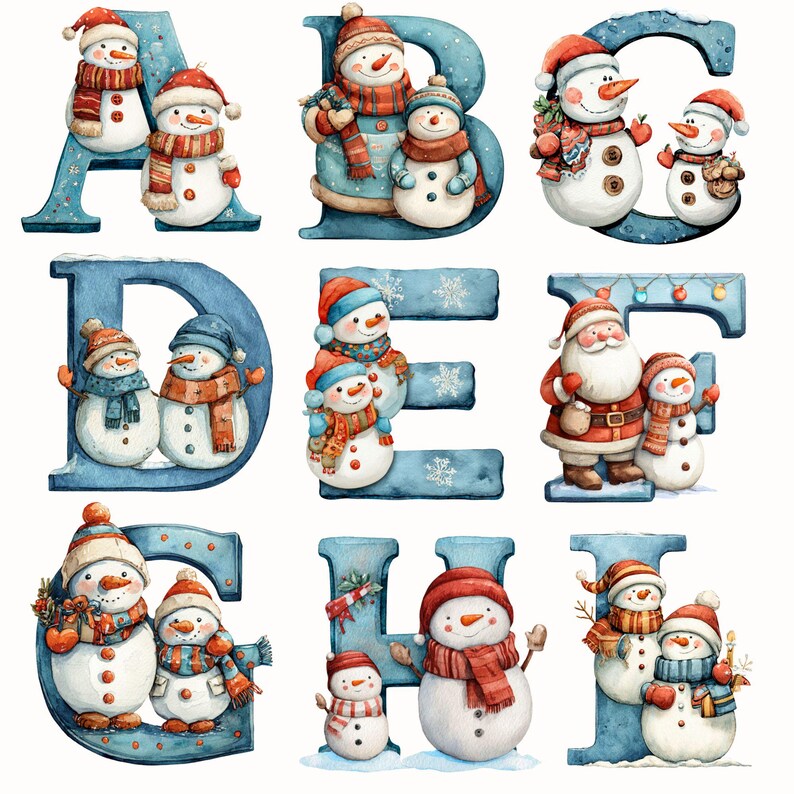 Christmas Snowman Alphabet Clipart, Watercolor Letters (digital ...