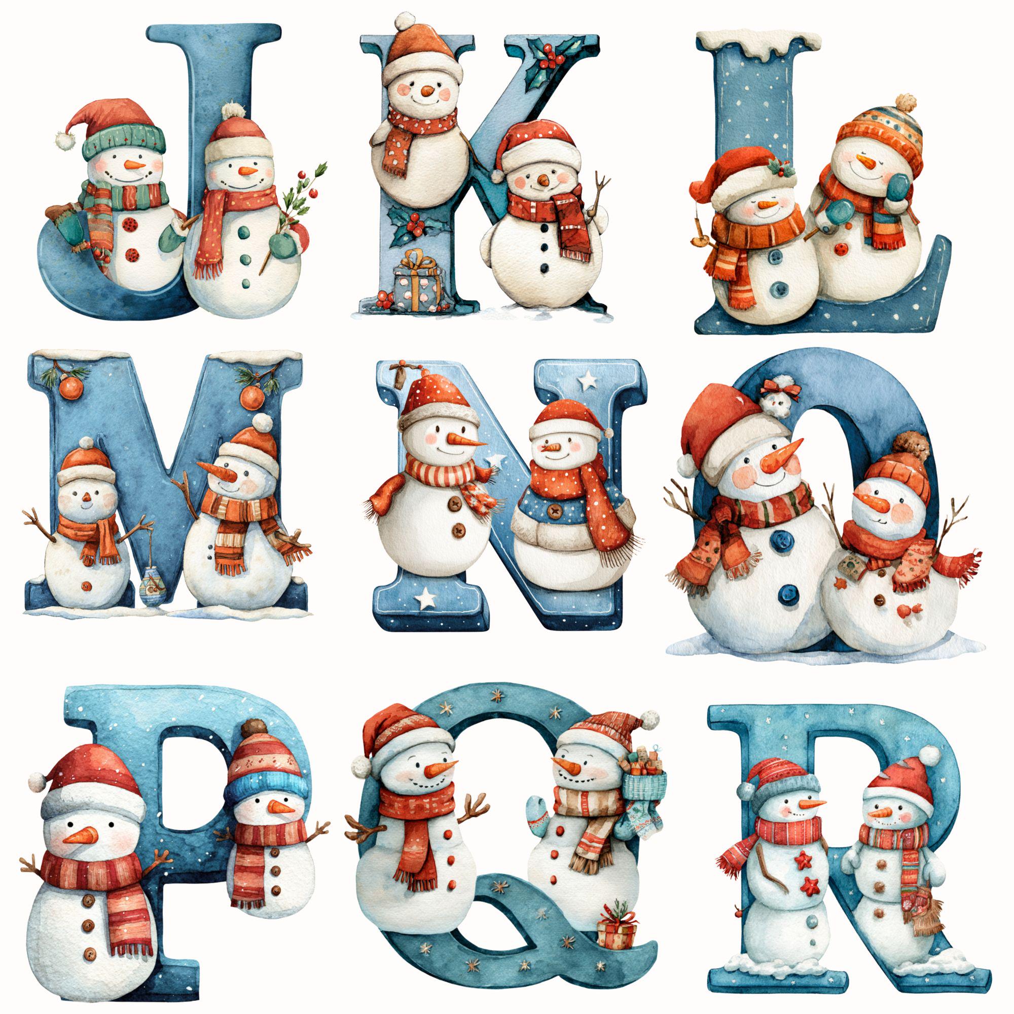Christmas Snowman Alphabet Clipart, Watercolor Letters (digital ...