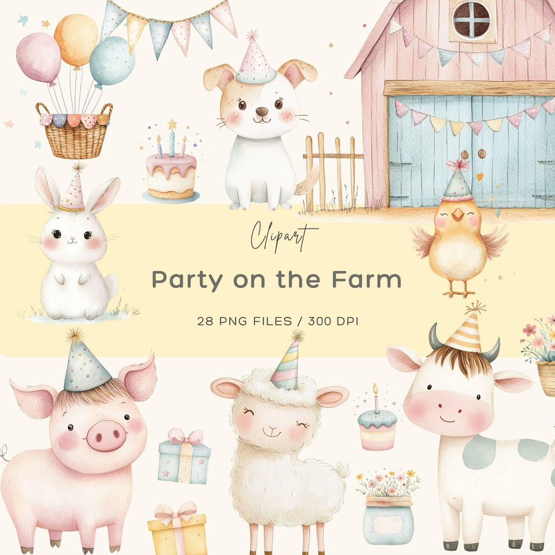 Birthday Farm Animals Clipart: Party Theme 28 Pngs Set - Etsy