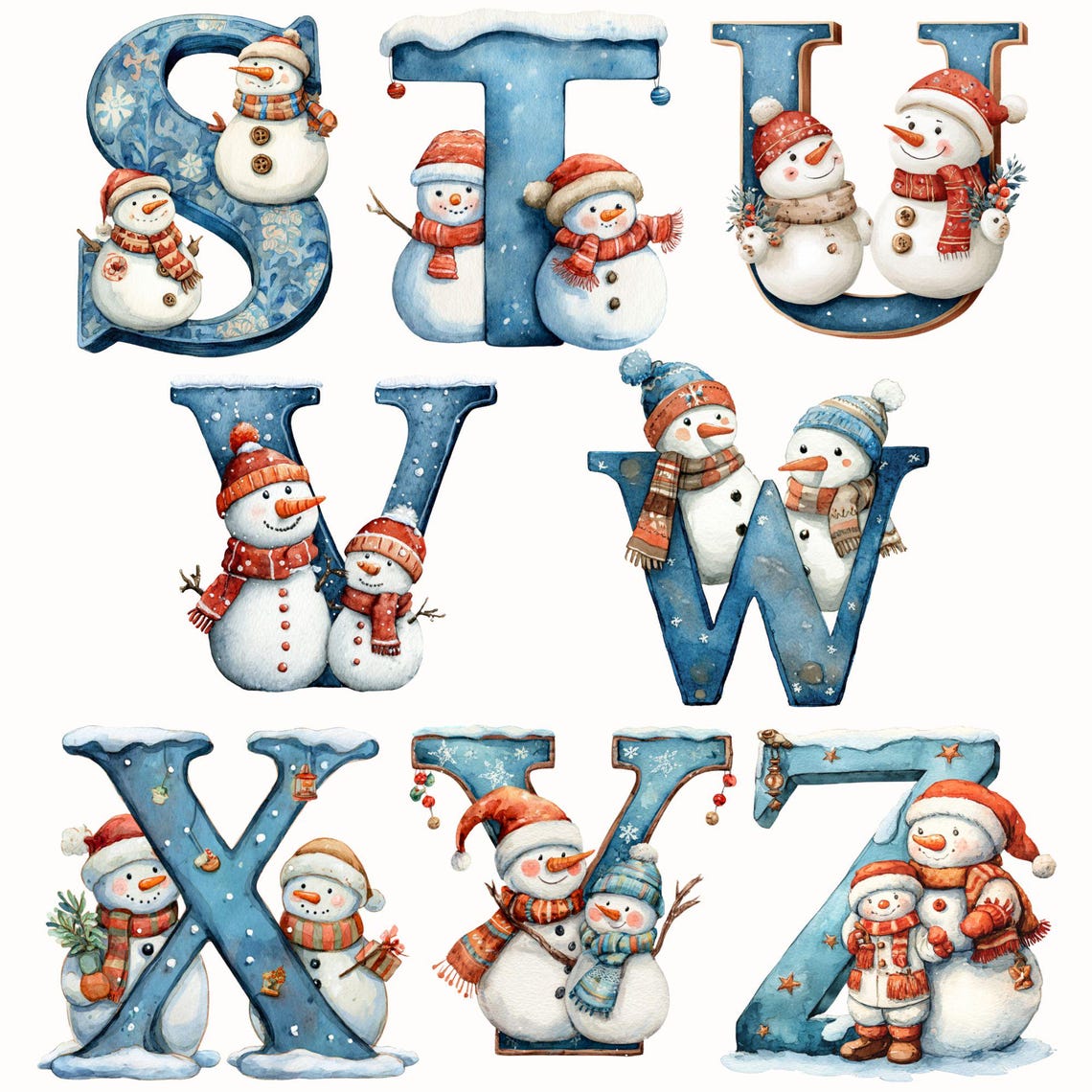 Christmas Snowman Alphabet Clipart, Watercolor Letters (digital ...