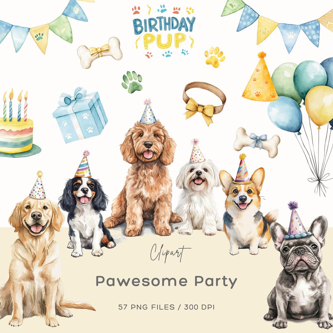 Watercolor Birthday Dogs Clipart: Puppy Party PNG (digital Download) - Etsy