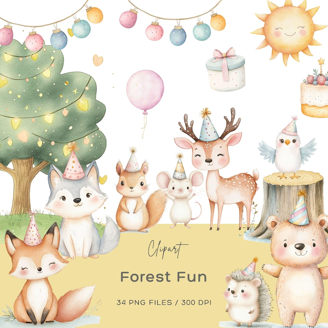 Woodland Animals Birthday Clipart: Forest Friends PNG (digital Download ...