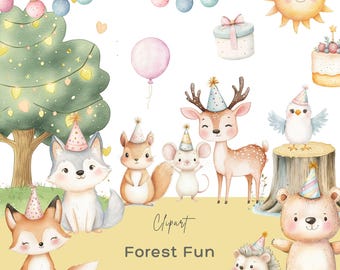 Woodland Animals Birthday Clipart: Forest Friends PNG (digital Download ...