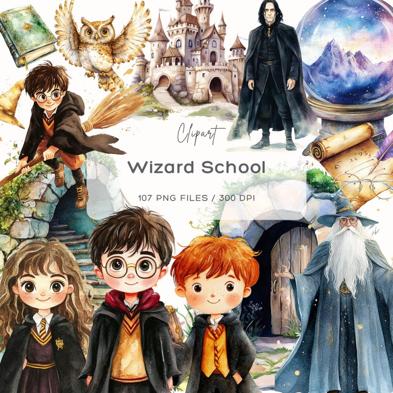 Watercolor Wizard School Clipart Bundle, Fantasy Characters (107 PNG ...