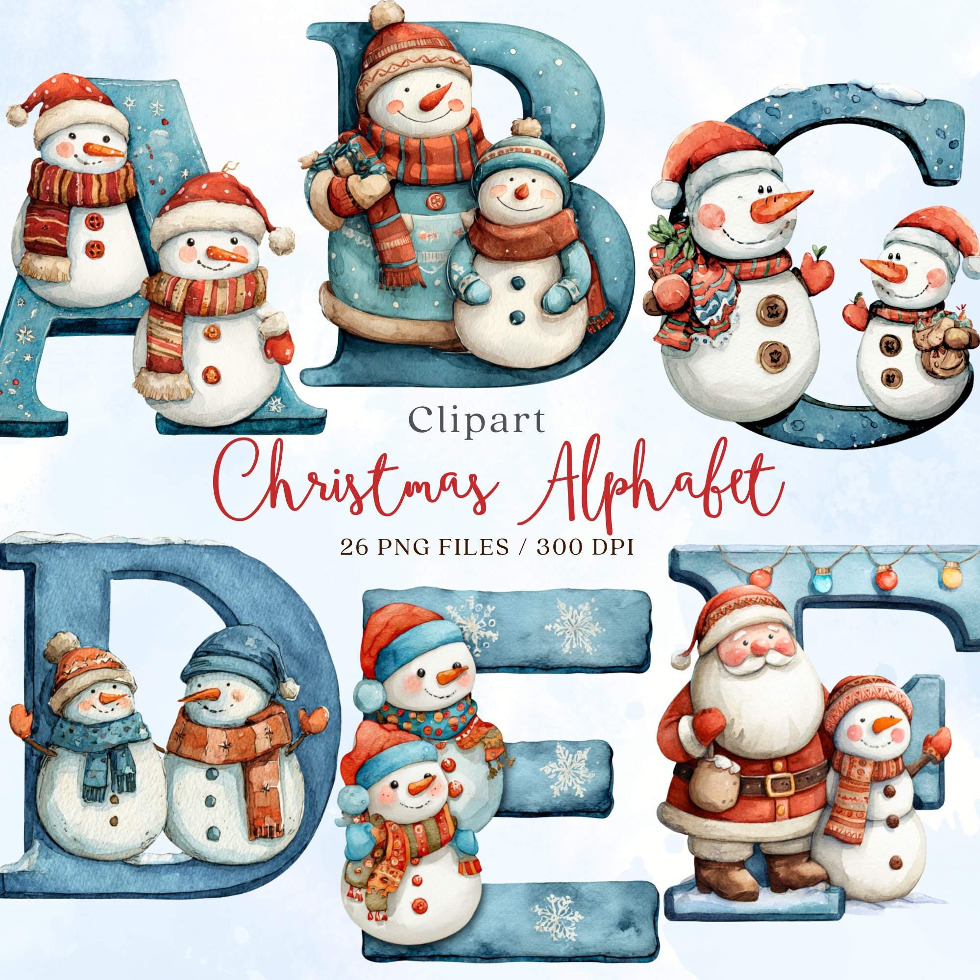 Christmas Snowman Alphabet Clipart, Watercolor Letters (digital ...