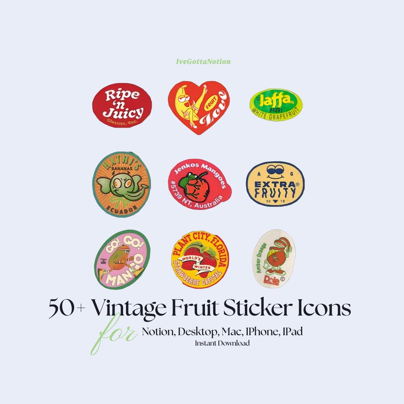 Vintage Fruit Sticker Icons: PNG Graphics for Notion (digital Download ...