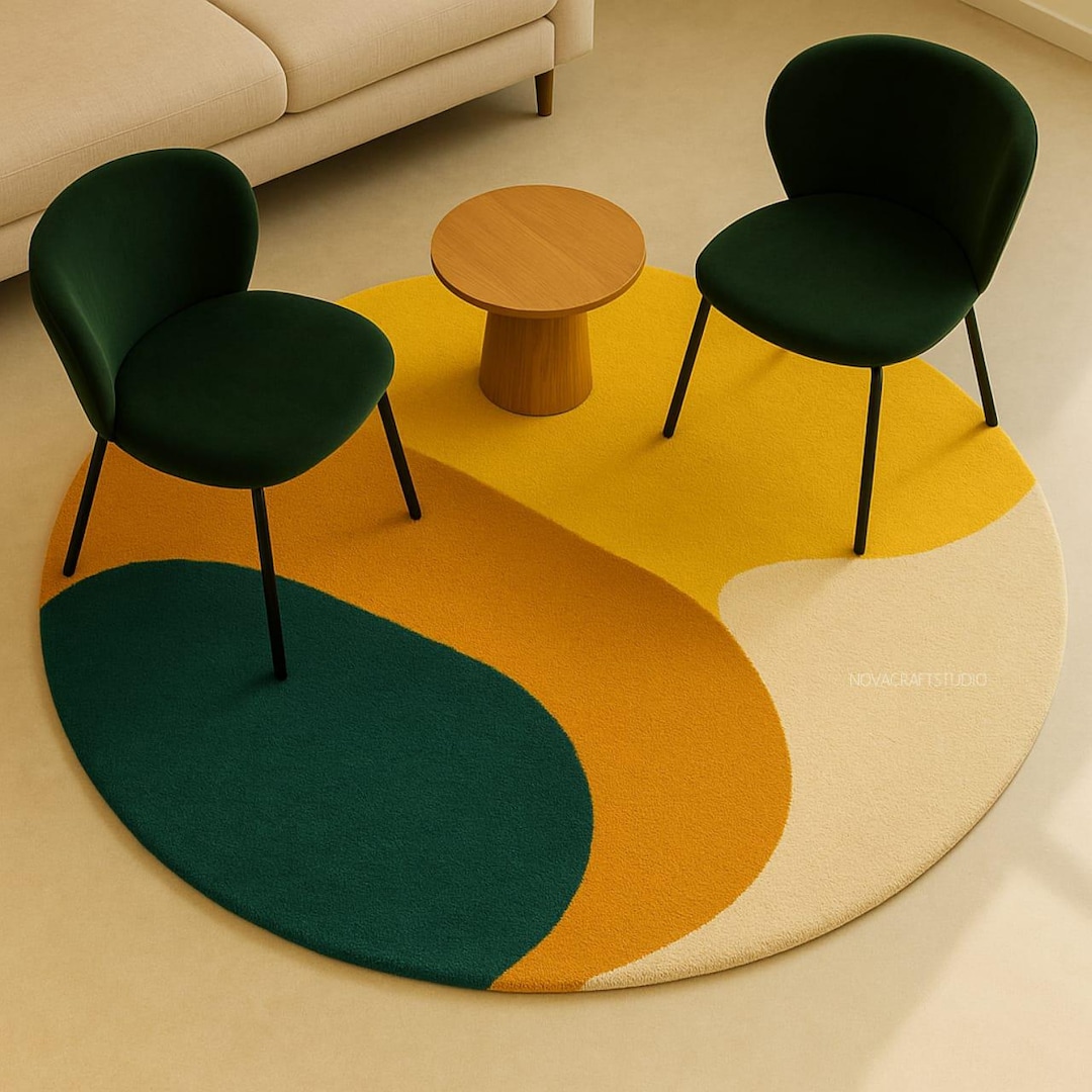 Modern Abstract Round Rug – Hand-tufted Yellow Green Beige Carpet for ...