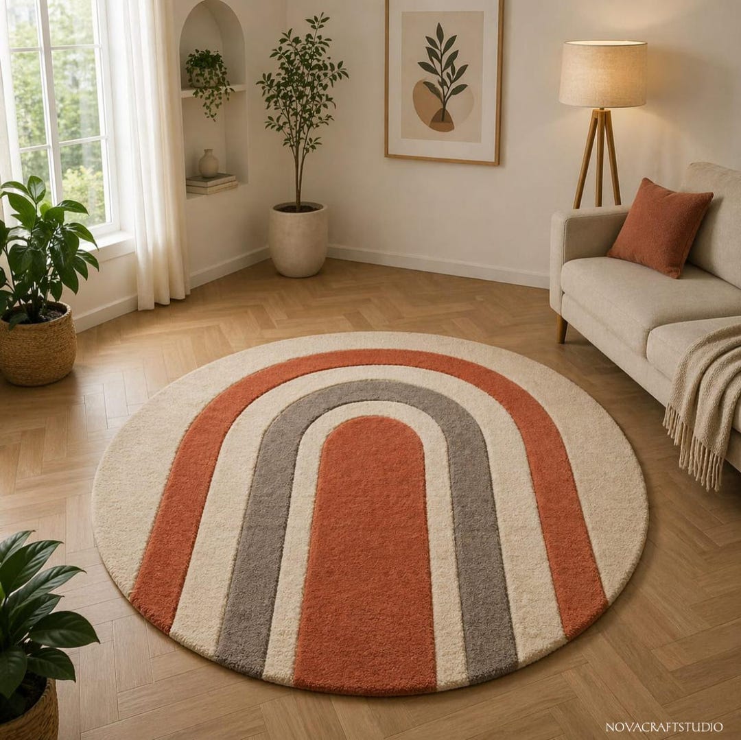 Modern Arch Rainbow Round Rug, Hand Tufted Wool Area Rug, Terracotta ...