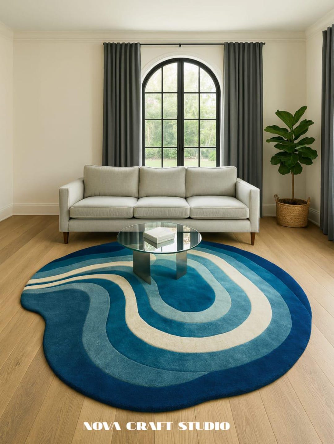 Handmade Wavy Modern Organic Shape Abstract New Zeland Wool Blue Rug ...