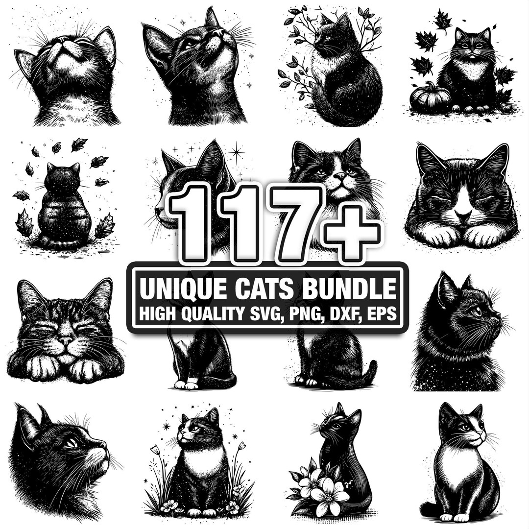115+ Unique Cats Bundle, Animal Designs, Instant Download Png, Dxf, Eps ...