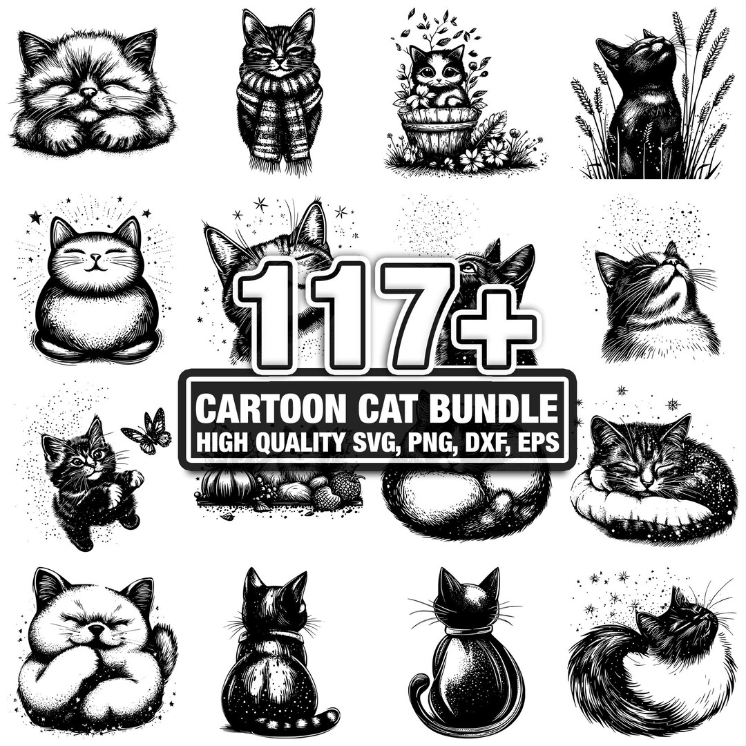 115+ Cartoon Cat Bundle, Cute Cat Illustration Designs, Instant ...
