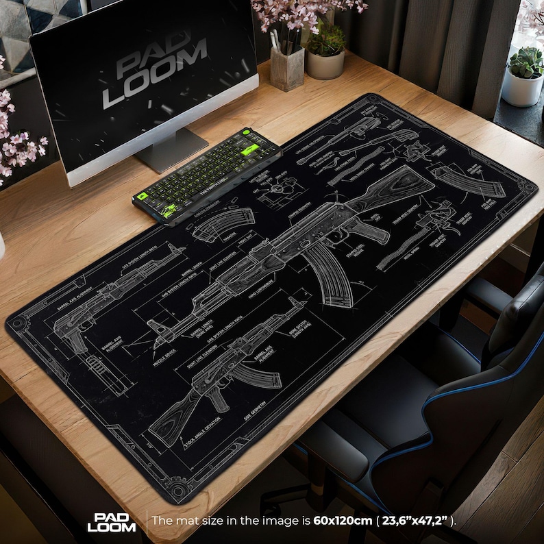 AK-47 Blueprint Mouse Pad, Tactical Gun Schematic Desk Mat, Military ...