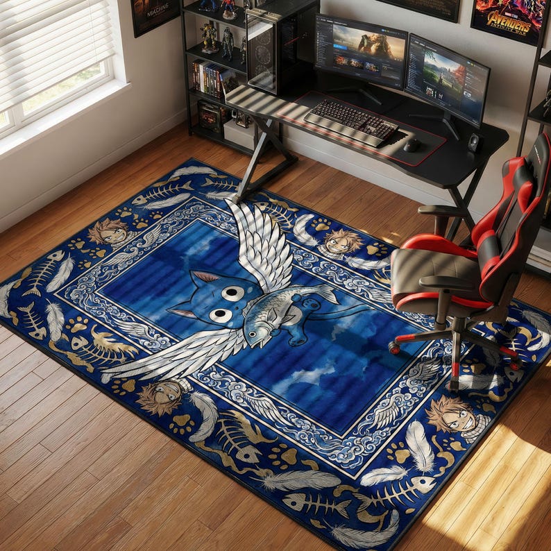 Happy Fairy Tail Exceed Area Rug, Flying Blue Cat Decor, Natsu's ...