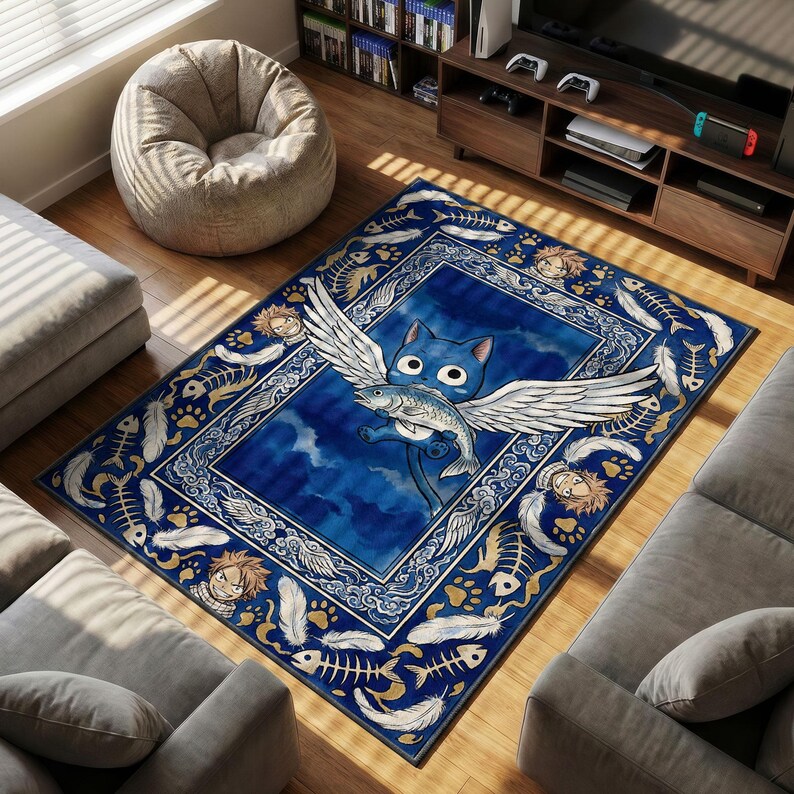 Happy Fairy Tail Exceed Area Rug, Flying Blue Cat Decor, Natsu's ...