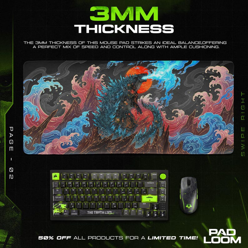 Godzilla Gaming Mouse Pad, Great Wave Desk Mat, Japanese Ukiyo-e Kaiju ...