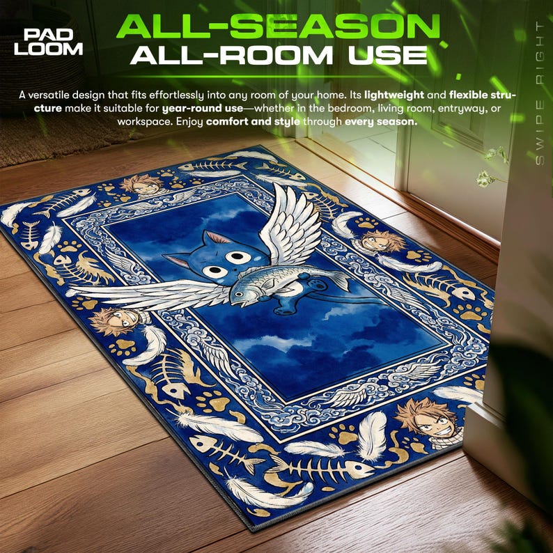Happy Fairy Tail Exceed Area Rug, Flying Blue Cat Decor, Natsu's ...