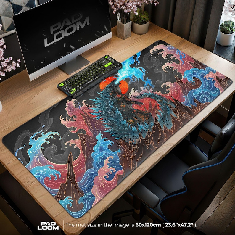 Godzilla Gaming Mouse Pad, Great Wave Desk Mat, Japanese Ukiyo-e Kaiju ...