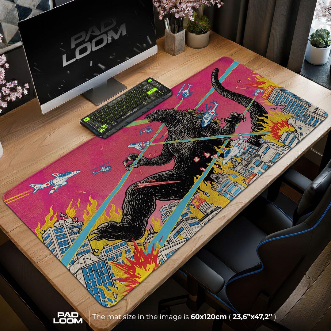 Retro Godzilla City Attack Mouse Pad, Japanese Kaiju Gaming Desk Mat ...
