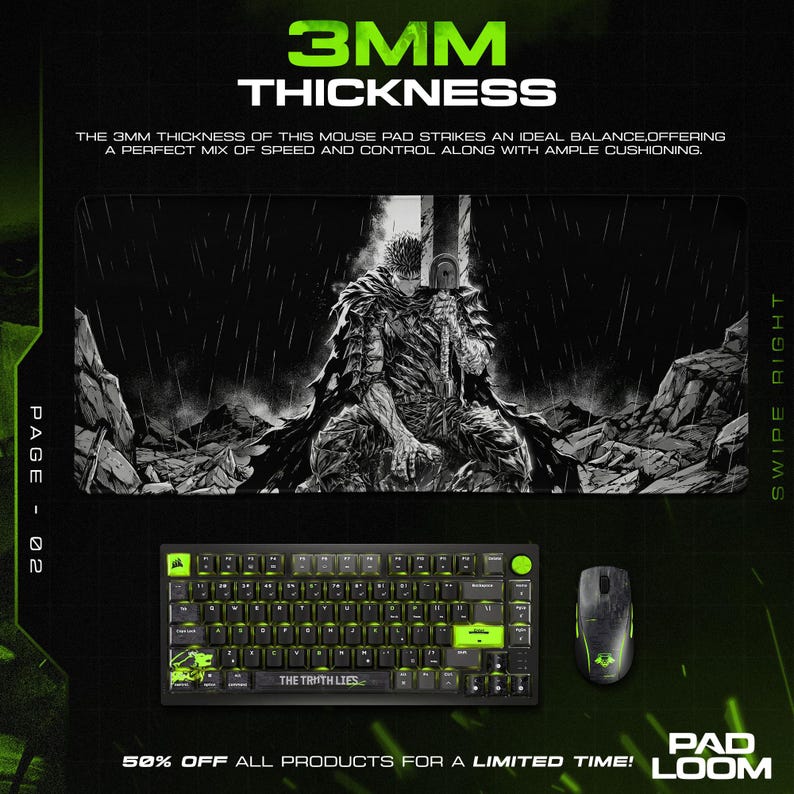 Guts Berserk Mouse Pad, Dark Fantasy Desk Mat, Black and White Manga ...